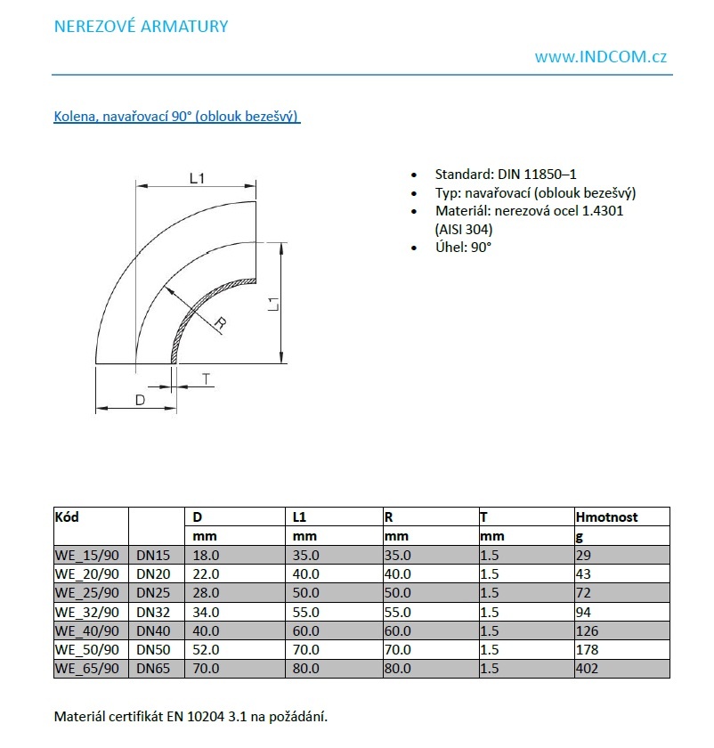 Koleno navařovací 90°| DN25 (28x1,5mm) | IndCom.cz