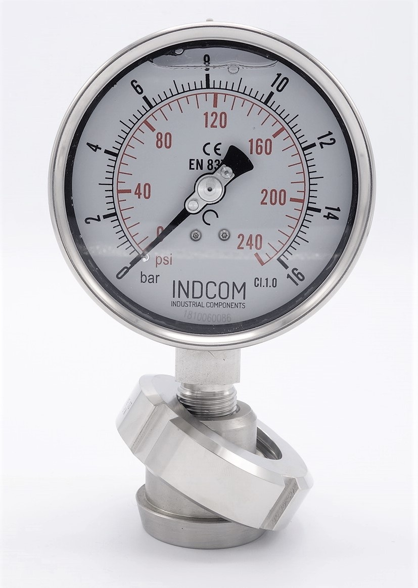 Stainless steel manometer, dial 100 mm, with separating membrane, nut ...